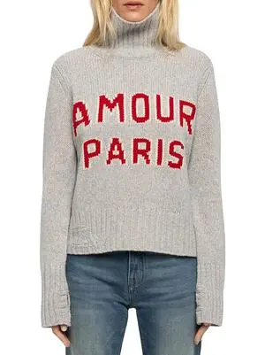 Zadig&Voltaire Nalma Wool Amour Paris Turtleneck Sweater - Gris Chine