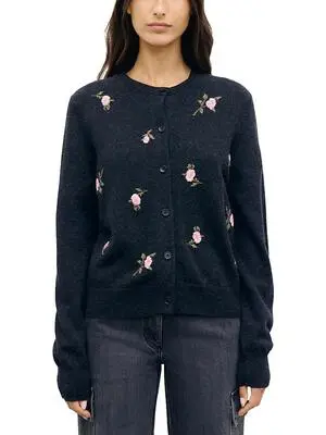 Gerard Darel Raymonde Floral Intarsia Wool Cardigan - Charcoal