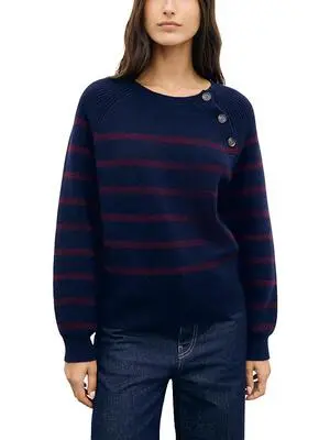 Gerard Darel Reny Wool Striped Shoulder Button Sweater - Navy