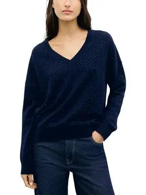 Gerard Darel Reda Embellished V-neck Wool Sweater - Navy