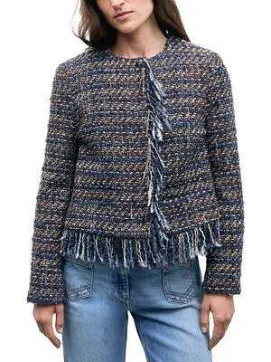 Gerard Darel Joya Fringe Trim Snap Front Jacket - Indigo