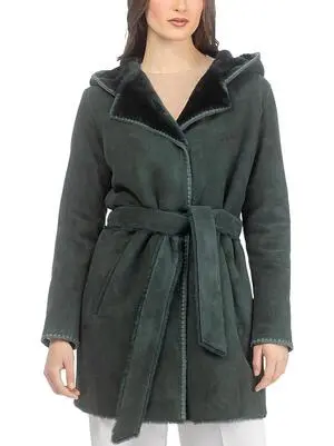 Gorski Merino Shearling Lamb Parka With Embroidered Trim And Belt - Emerald