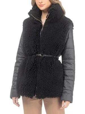 Gorski Curly Shearling And Quilted Sleeve Jacket With Belt - Black