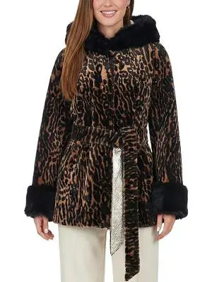 Gorski Reversible Shearling Lamb Jacket With Hood Trim & Cuffs And Belt - Camel Lprd Print