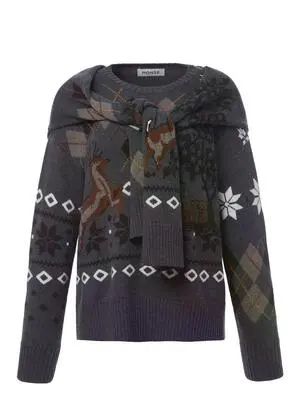 Monse Fair Isle Intarsia Sweater With Scarf Detail - Grey