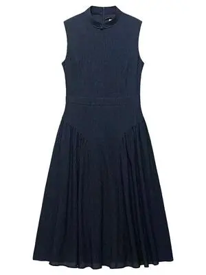 Shanghai Tang Meridien Seersucker Midi Dress - Blue