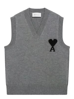 AMI Paris De Coeur Monogram V-neck Sleeveless Sweater - Grey