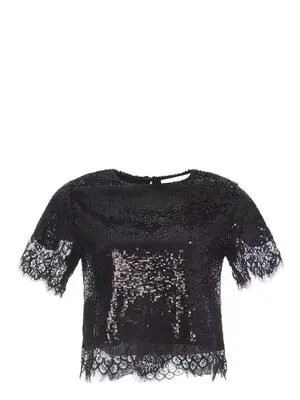 Monse Sequin Embellished Lace Trim Cropped Top - Black
