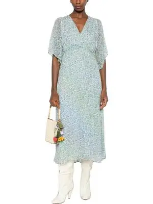 MAISON123 Balma Floral-print Flutter-sleeve Midi Dress - Blue