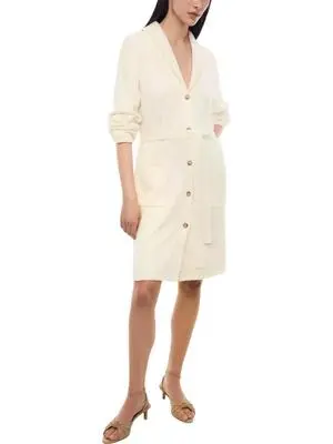 12 STOREEZ Cream Textured Shawl Collar Belted Mini Dress - White