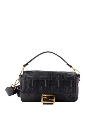 Fendi Baguette Nm Bag Zucca Embossed Leather Medium Crossbody Bag - Black