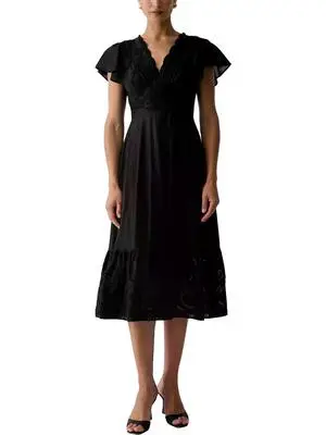MORGAN Morgan Embroidered Flutter-Sleeve Midi Dress