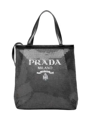 PRADA Prada Small Sequined Mesh Logo Open Tote Bag