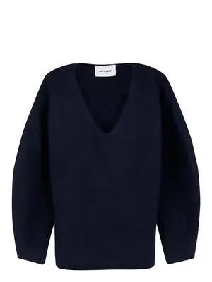 Soft Goat Cashmere V-neck Sweater With Puff Sleeves - Blue