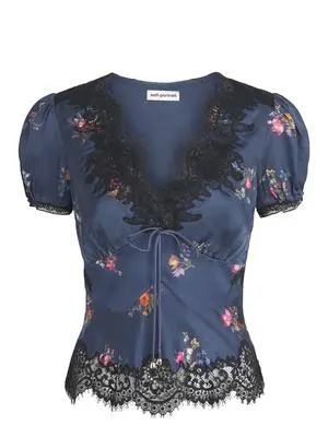 SELF-PORTRAIT Floral Satin Lace V-neck Blouse - Navy