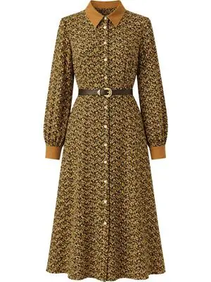 EXQUISE Printed Midi Dress With Belt - Brown