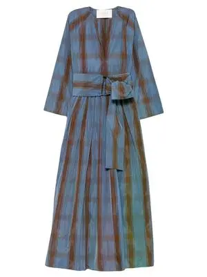 CO.GO Check-print Belted Maxi Dress - Blue
