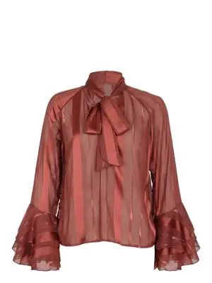 MODENAIRE Sheer Blouse With Tie Neck And Bell Sleeves - Red