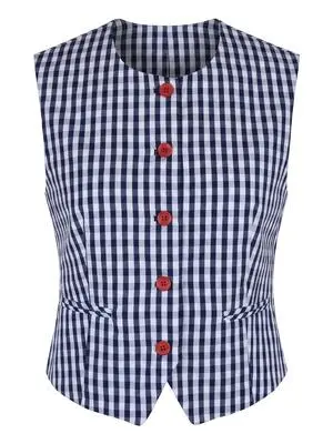 MODENAIRE Sleeveless Gingham Button-front Waist Tie Top - Blue