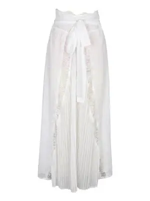 MODENAIRE Sheer Lace Panel Pleated Maxi Skirt With Waist Tie Detail - White