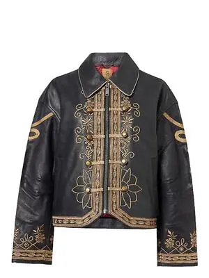 Free People Lana Embroidered Leather Jacket - Black