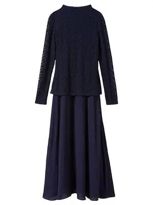 Whistles Long-sleeved Lace And Woven Midi Dress - Navy