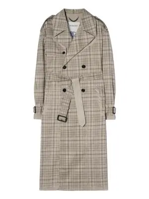 Burberry Long Check Nylon Cotton Hoxton Trench Coat - White Grey
