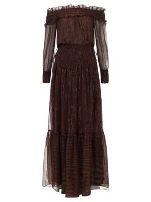 SELF-PORTRAIT SELF-PORTRAIT Off-the-Shoulder Ruffled Sheer Maxi Dress Brown