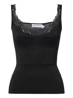 SELF-PORTRAIT Lace-trim Fitted Tank Top - Black