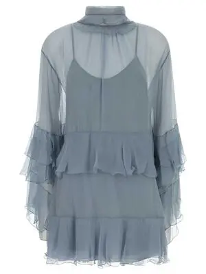 Chloé Crepe Silk Dress With Ruffles - Light Blue