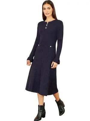 YUMI Long Sleeve Knitted Midi Dress With Decorative Buttons - Navy