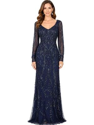 LARA NEW YORK V-neck Beaded Gown With Sleeves - Navy