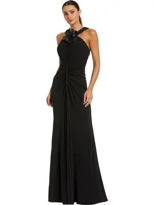 Mac Duggal Jersey Halter Neck Gown With 3d Flower Applique - Black