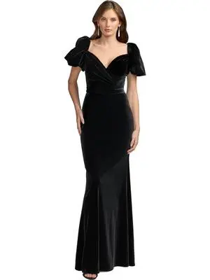 MAC DUGGAL Ieena For Mac Duggal Velvet Gown With Puff Sleeves