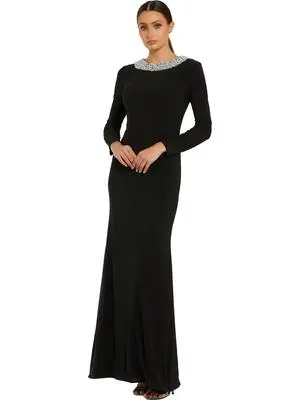 Mac Duggal Petite Long Sleeve Embellished High Neck Jersey Gown - Black