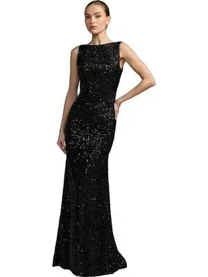 Mac Duggal Cowl Back Sequined Evening Gown - Black
