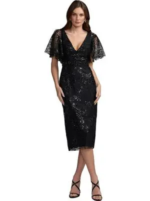 Mac Duggal Embellished Butterfly Sleeve Midi Dress - Black