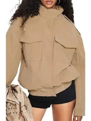 Princess Polly Double Life Funnel Neck Cargo Jacket - Beige