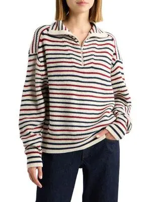 Rag & Bone Georgie Stripe Wool Quarter Zip Sweater - Ivory Multi