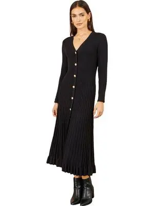 YUMI Long Sleeve V-neck Ribbed Midi Dress - Black
