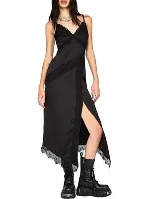 DISTURBIA Lace Trim Asymmetric Midi Dress - Black
