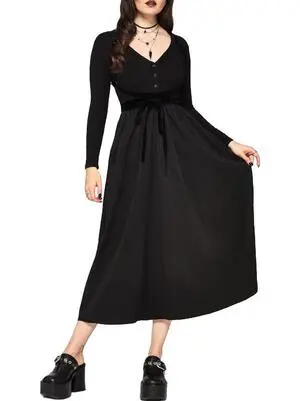 DISTURBIA Button-up Midi Dress With Sculpted Waist - Black