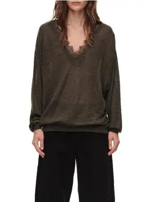 Bimba Y Lola Long Wool Blend Sweater With Lace Trim - Chocolate