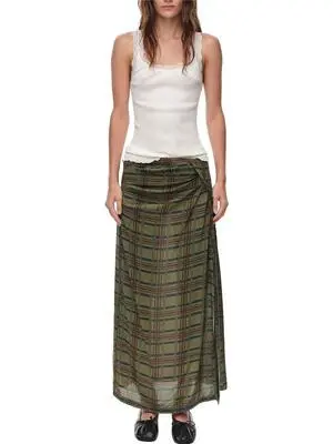 Bimba Y Lola Checked Gathered Fluid Maxi Skirt - Khaki