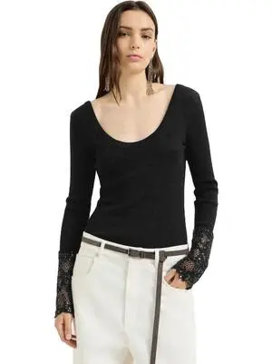 Brunello Cucinelli Ribbed Wool Jersey Sweater With Embroidered Lace Cuffs - Anthracite