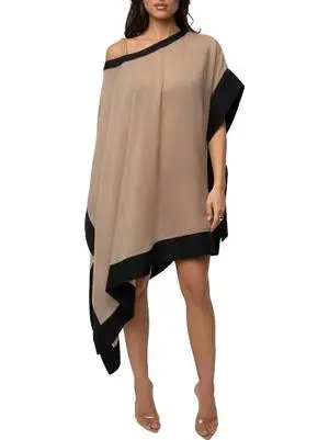JLUXLABEL Asymmetrical Sheer Contrast Trim Tunic - Beige