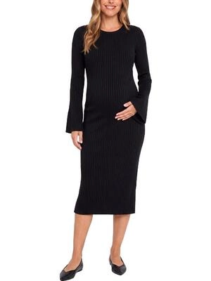Motherhood Maternity Striped Long Flared Sleeve Sweater Midi Dress - Black