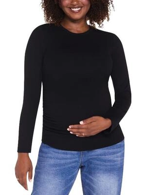 Motherhood Maternity Crew Neck Long Sleeve Side Ruched Top - Black