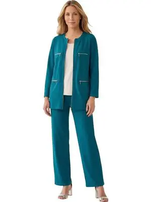 Roaman's French Terry Zip Front Wide Leg Pant Set - Deep Teal