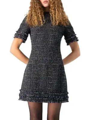 IVONNE Tweed Sheath Dress With Fringe Details - Navy Blue